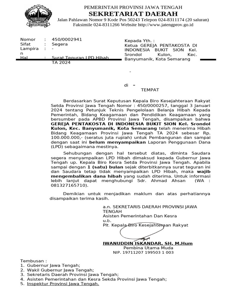 Surat Teguran SPJ Hibah 2024 | PDF