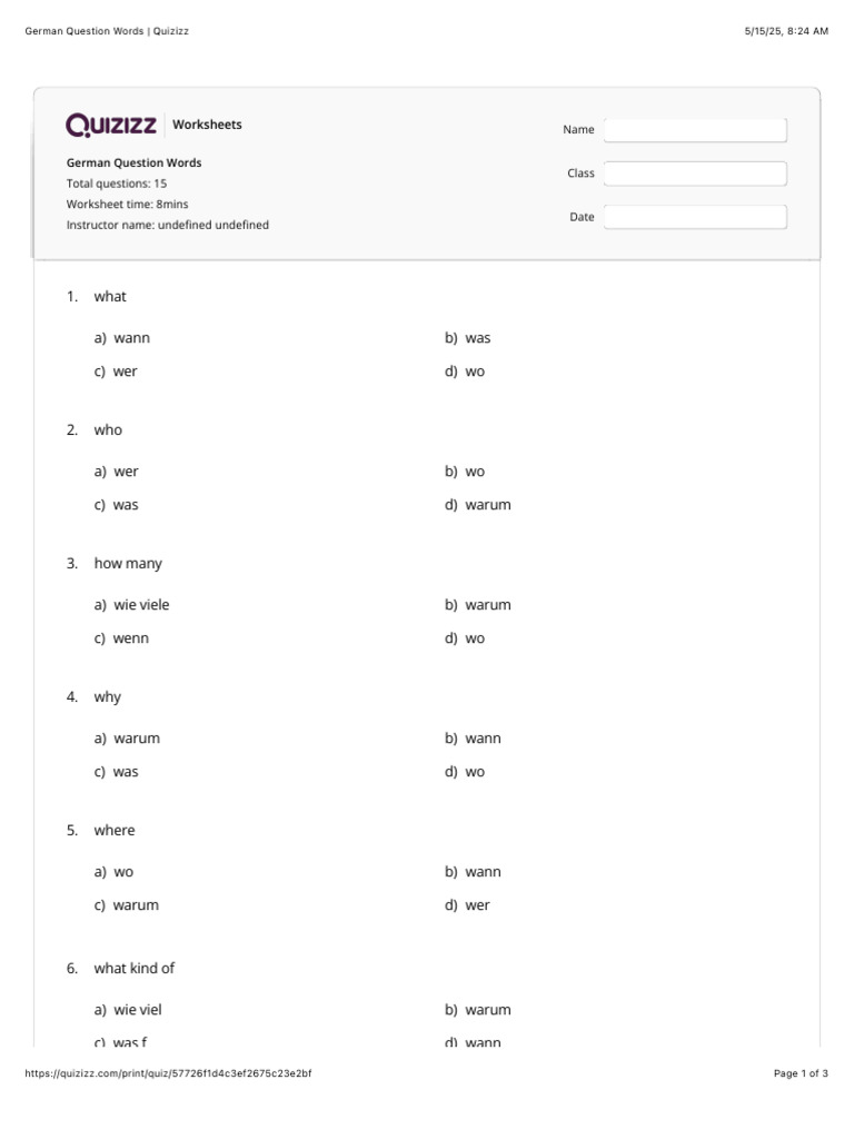 German Question Words - Quizizz | PDF