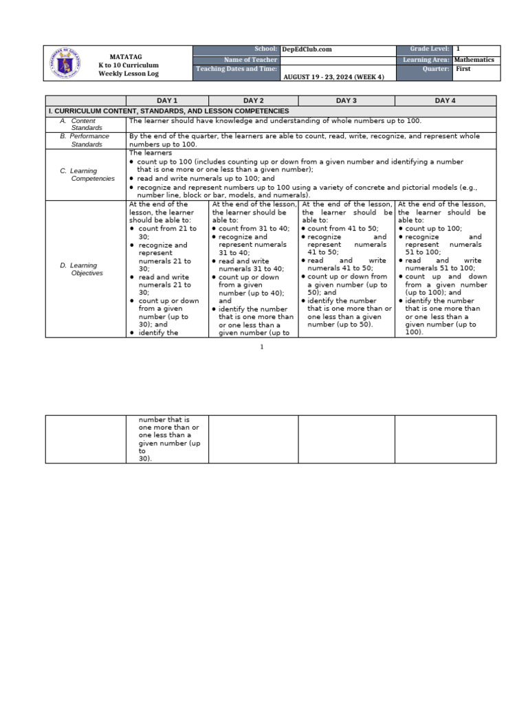 DLL Matatag Mathematics 1 q1 w4 | PDF | Learning | Curriculum