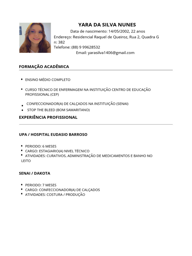 Currículo de Yara da Silva Nunes | PDF