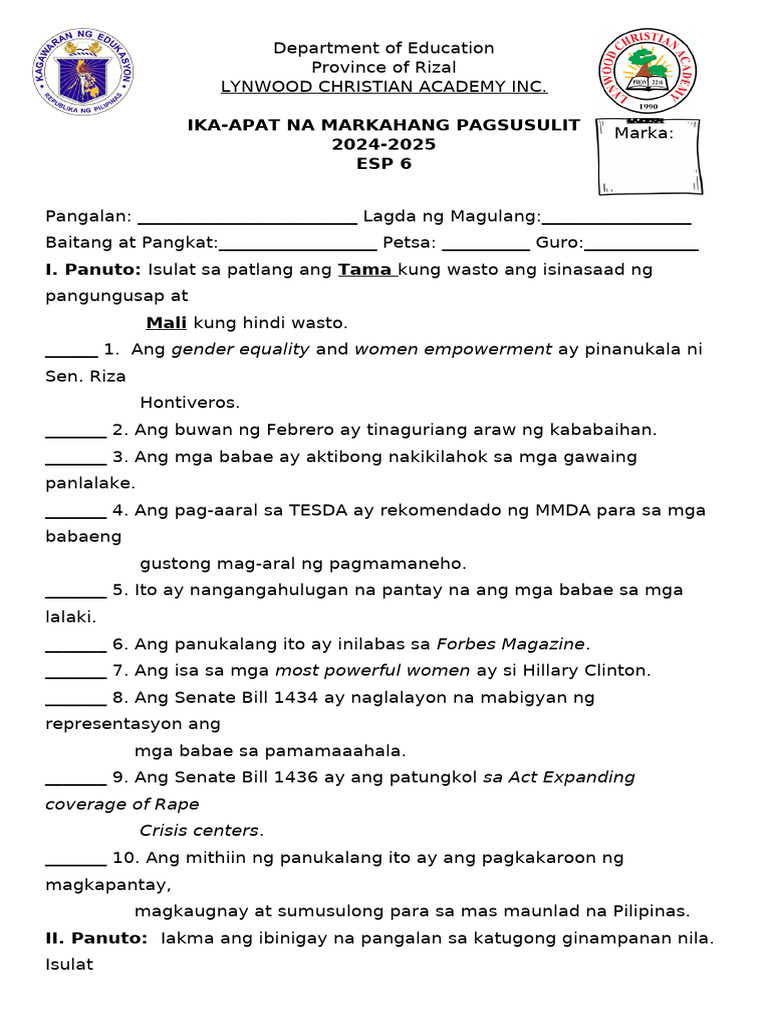 4th Qtr. ESP6 2025 | PDF
