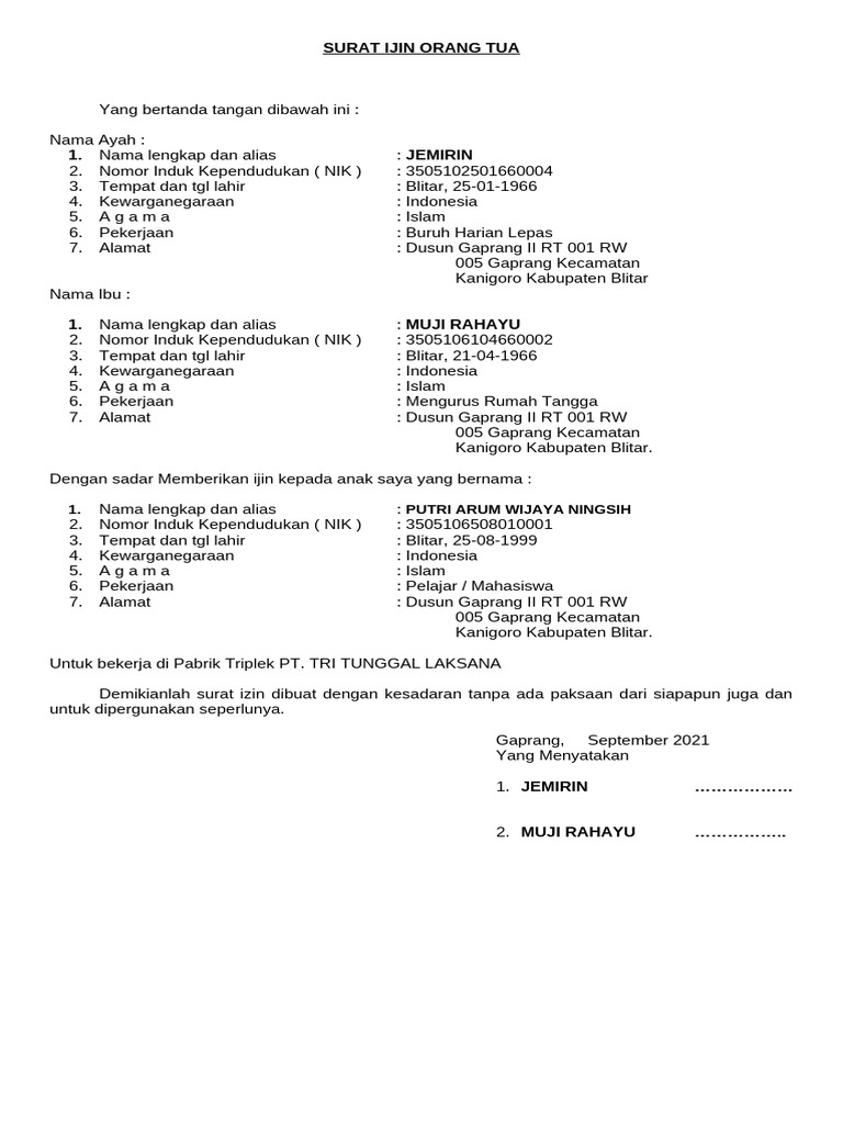 Pernyataaan SURAT IJIN ORANG TUA | PDF