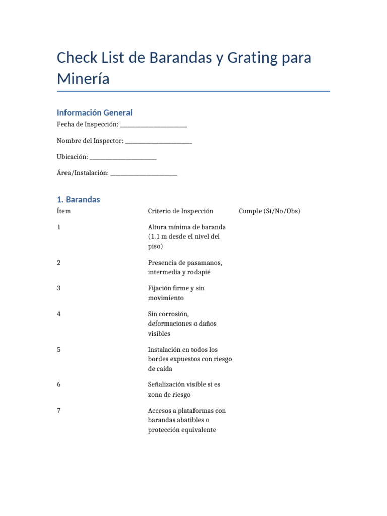Checklist_Barandas_Grating_Mineria | PDF