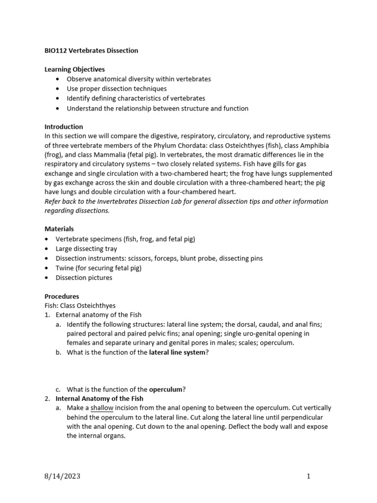 BIO112 Vertebrates Dissection Lab | PDF | Anatomy | Heart