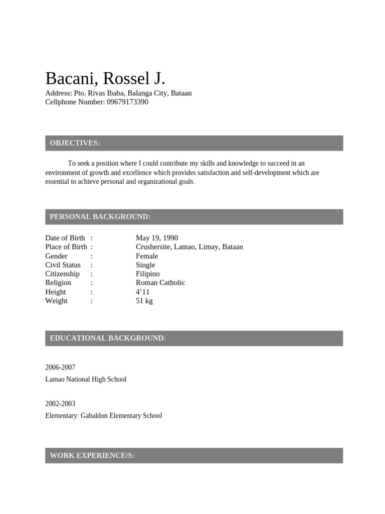 Rossel J. Bacani Resume Summary | PDF