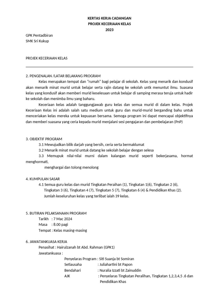 Kertas Kerja Keceriaan Kelas | PDF