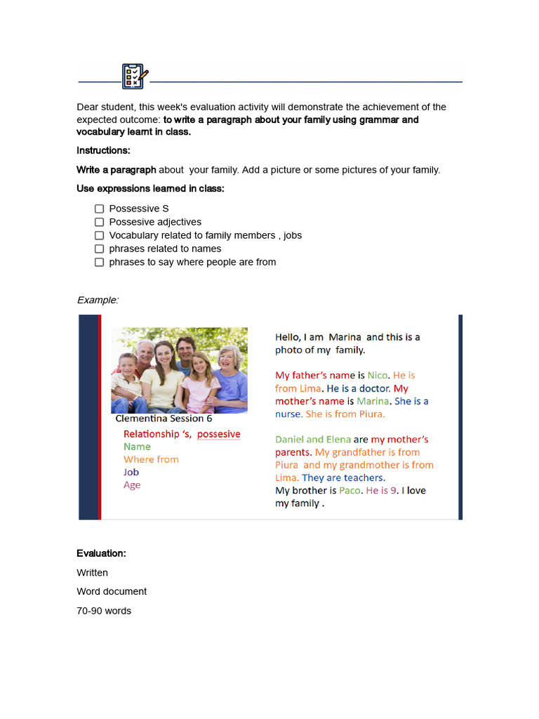 Family Paragraph Writing Assignment | PDF