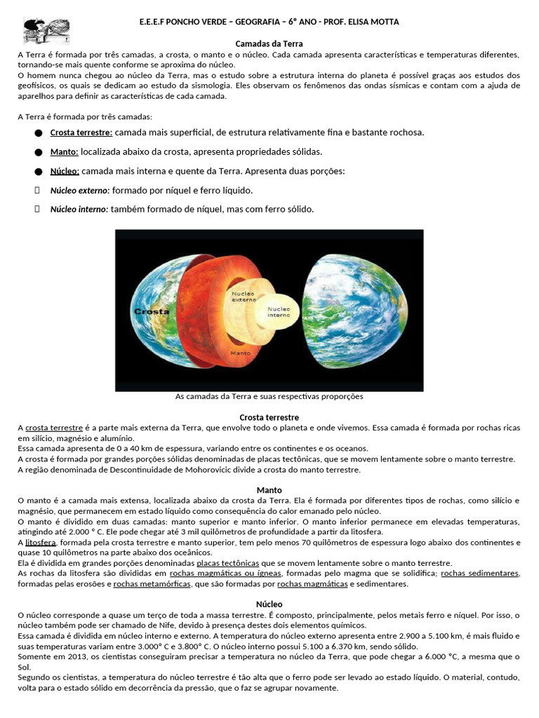 A TERRA POR DENTRO 6º ANO 2025 GEO 2º TRI | PDF | Terra | Crosta (Geologia)