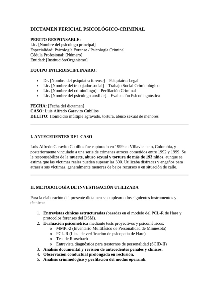 DICTAMEN PERICIAL PSICOLÓGICO Garavito | PDF | Psicopatía | Trastorno mental