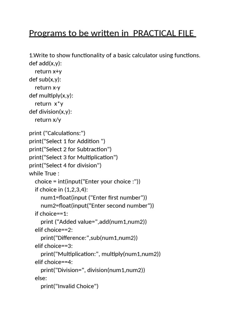 PRACTICAL FILE PROGRAMS Class XII Part-1 | PDF | Multiplication ...