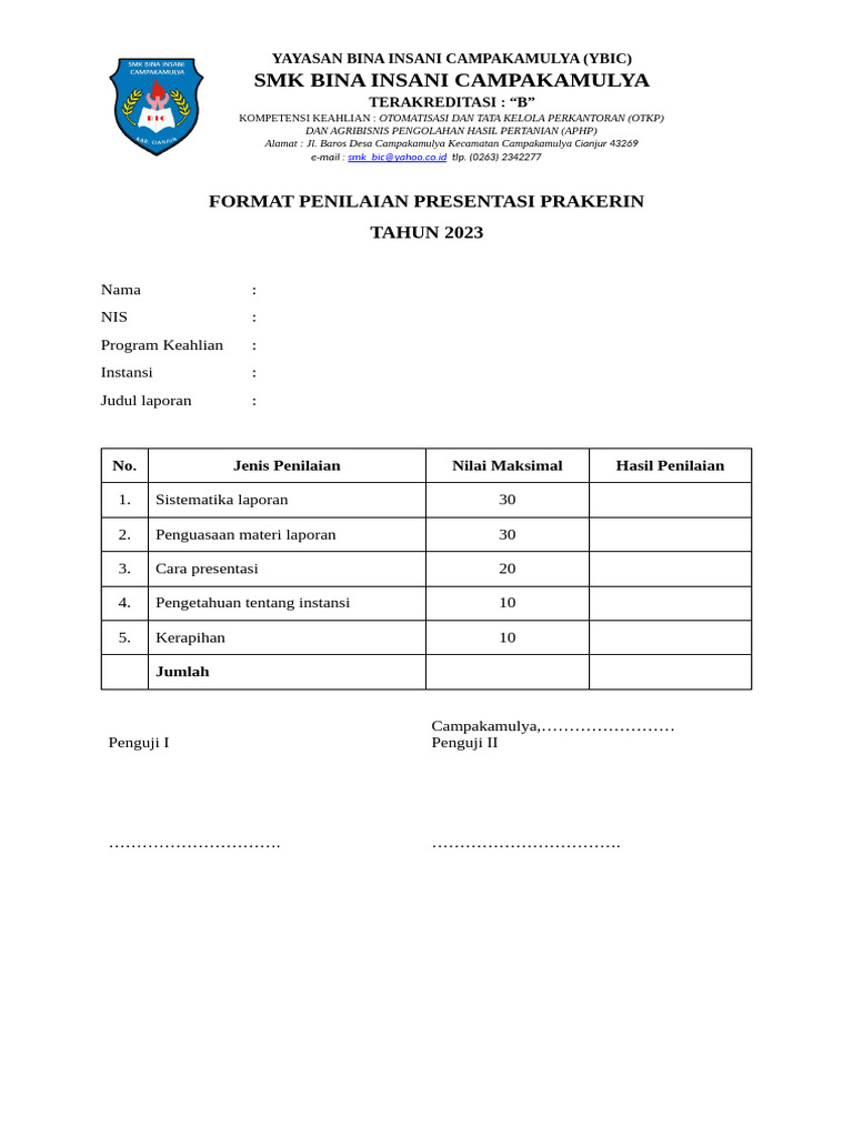 Format Penilaian Presentasi Prakerin | PDF