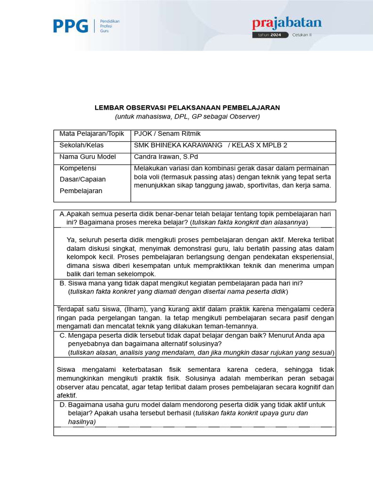 01.05.6-B4-8 Unggah Lampiran 5 - Lembar Observasi Pembelajaran Observer - Siklus 2 | PDF