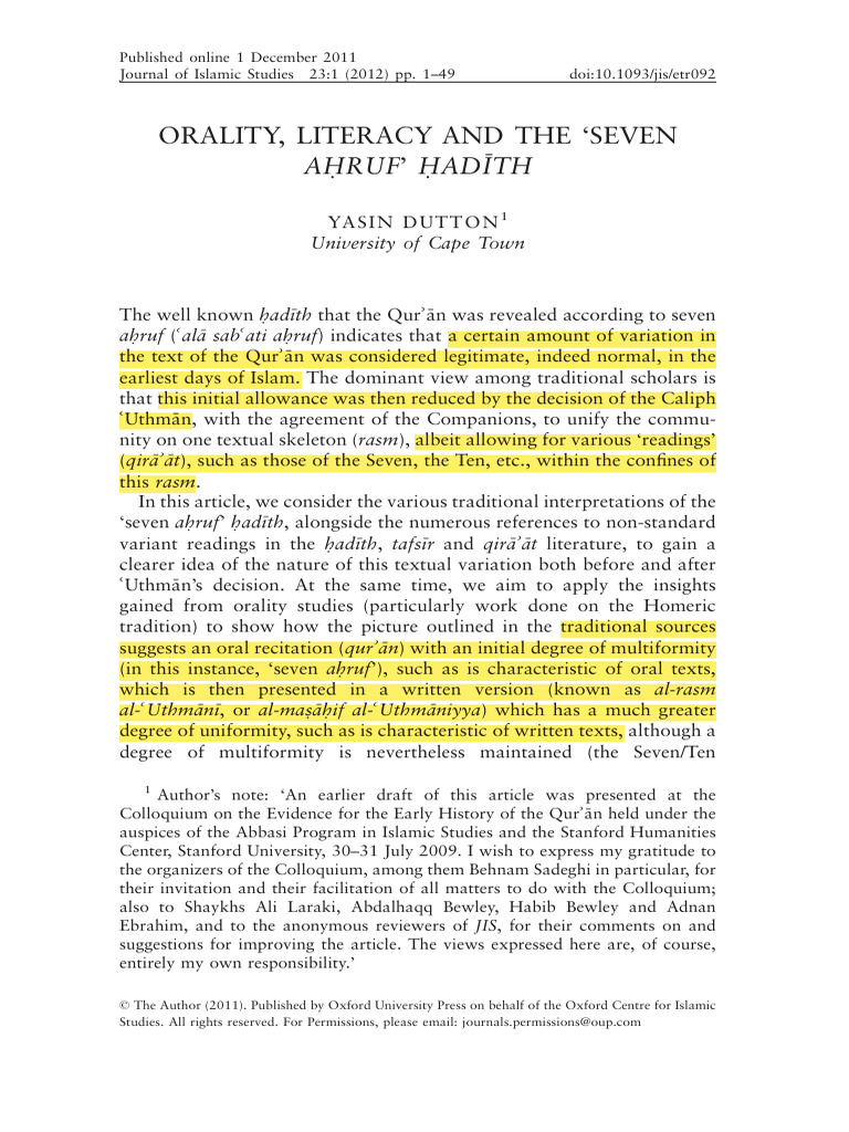 Orality, Literacy and The 'Seven Ahruf' Hadith - Yasin Dutton | PDF ...