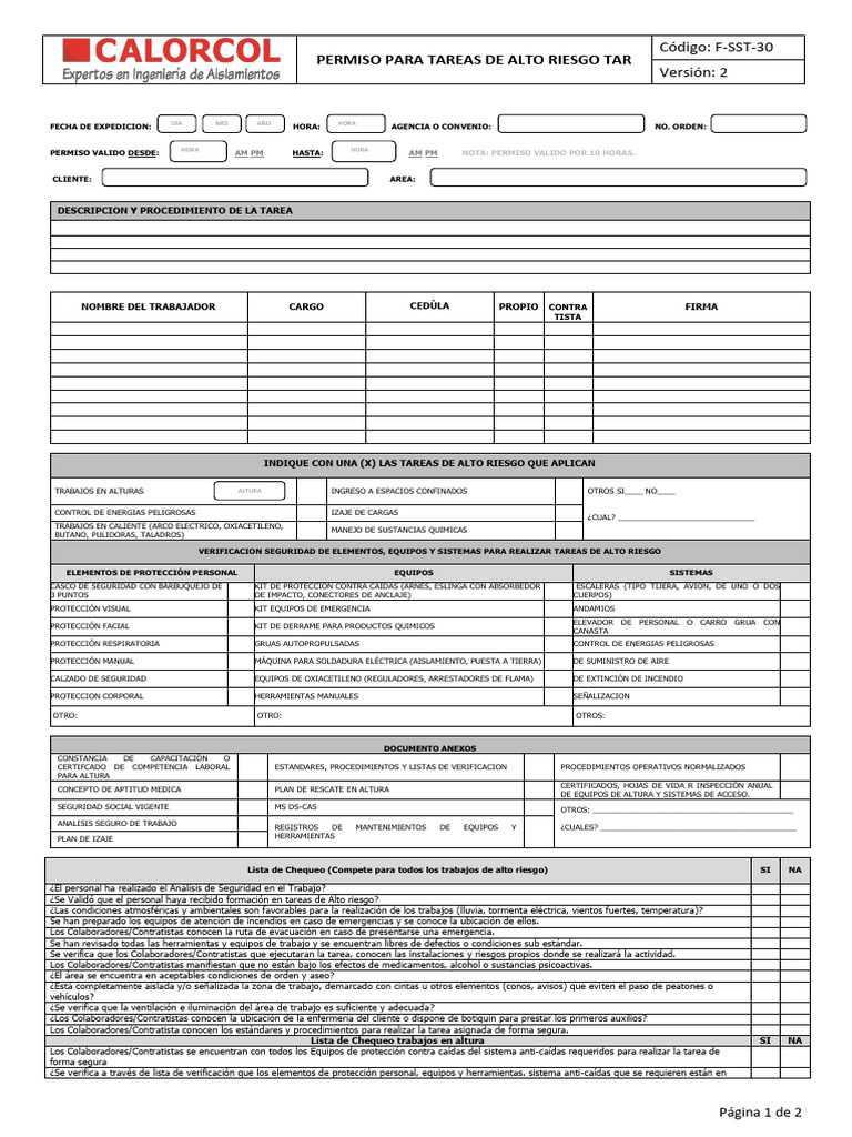 F-SST-30 Permiso para Tareas de Alto Riesgo TAR v.2-1 | PDF | Soldadura | Construcción