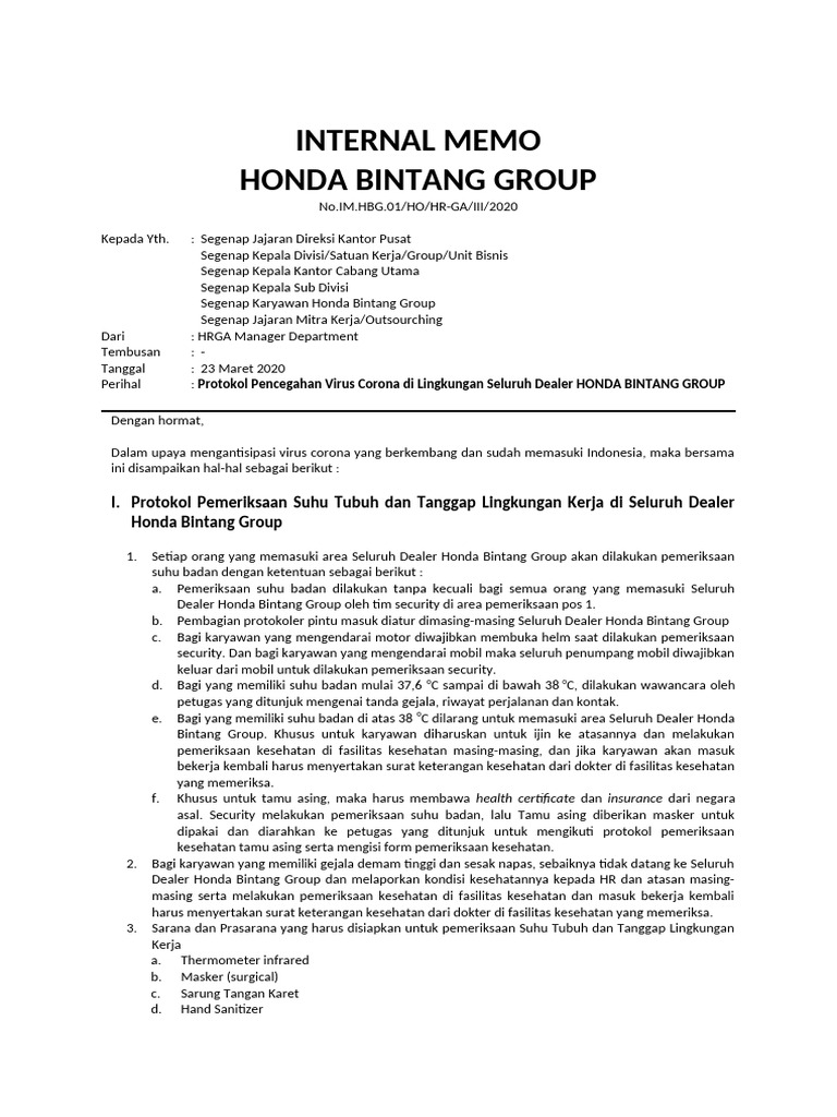 DRAFT INTERNAL MEMO COVID 19 HONDA BINTANG GROUP | PDF