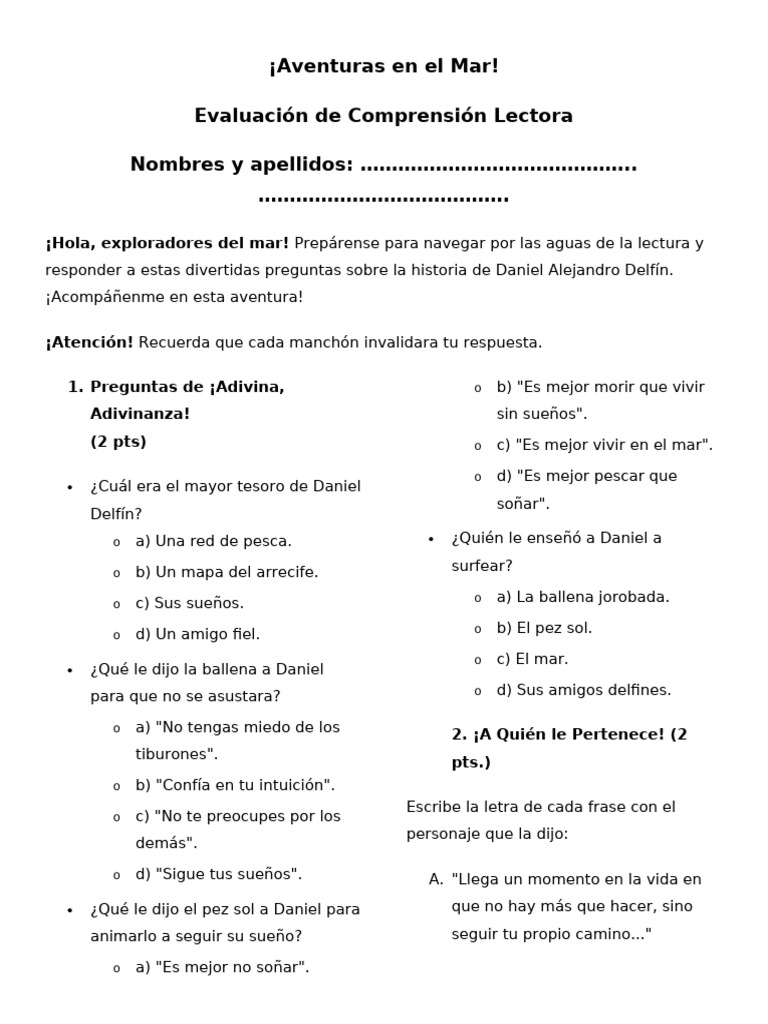 Aventuras en El Mar Evaluacion | PDF