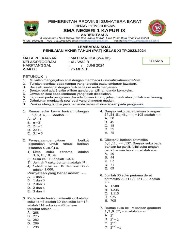 SOAL PAT MTK (WAJIB) UTAMA XI 2023-2024 | PDF