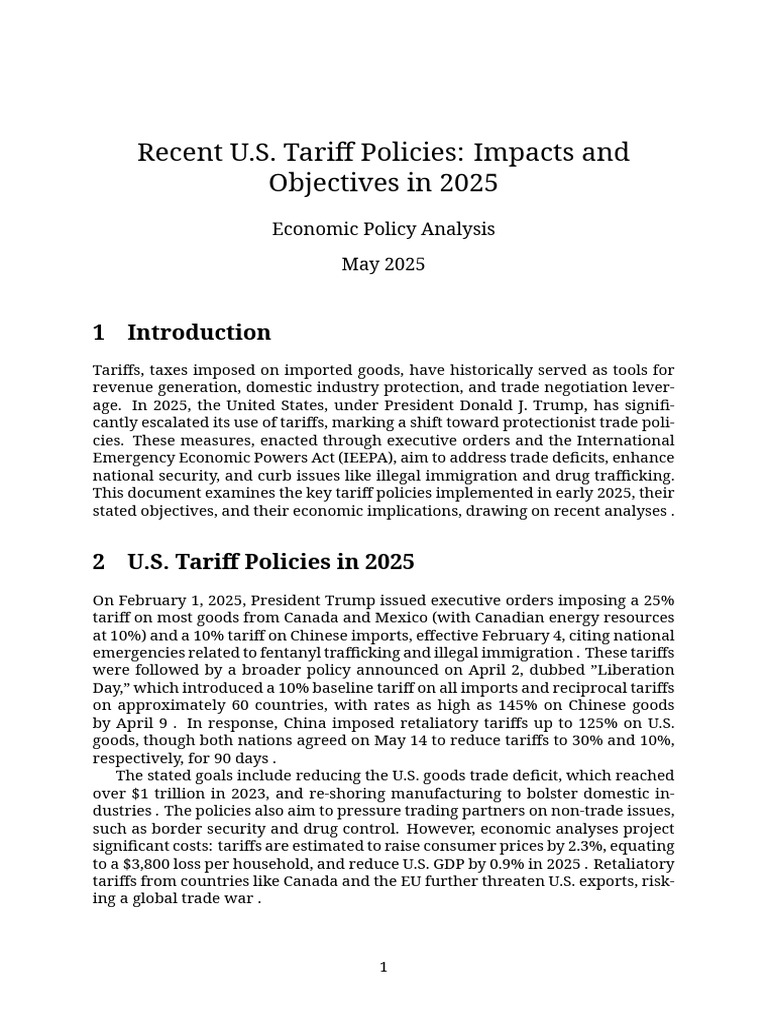 Recent U.S. Tariff Policies: Impacts and Objectives in 2025 | PDF ...