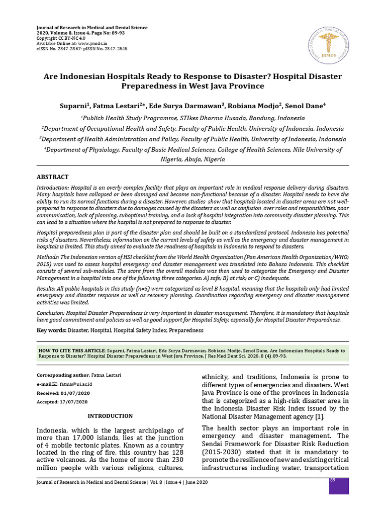 Jurnal 2020 Are Indonesian Hospitals Ready To Response To Disaster ...
