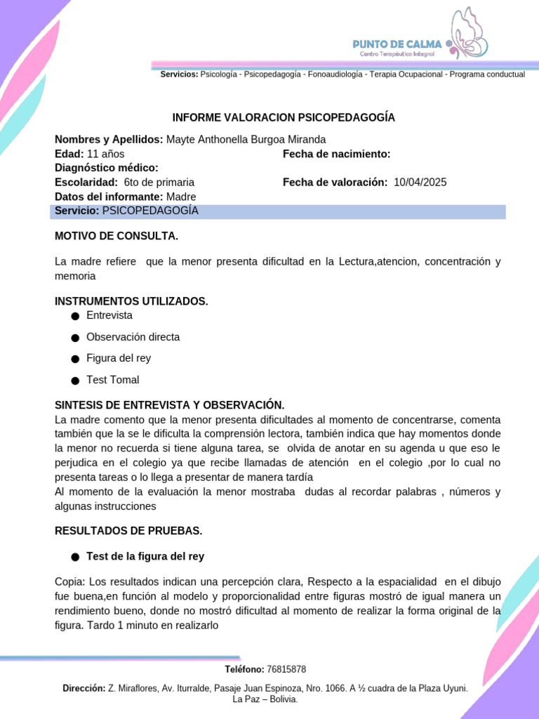Valoración Psicopedagógia de Mayte Burgoa Miranda | PDF | Memoria ...