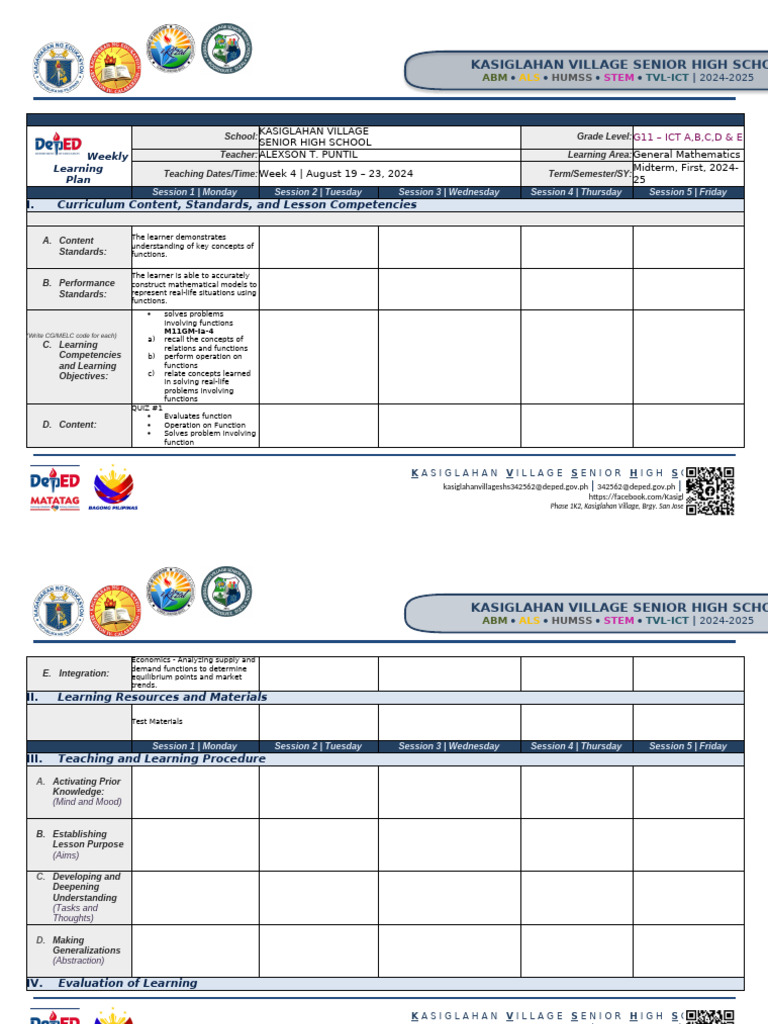 KVSHS-Matatag-Weekly-Learning-Plan-DLP-Format-English | PDF | Learning ...