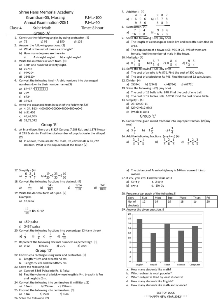 Class 4 Math Final Examination2081 - 071813 | PDF | Mathematics ...