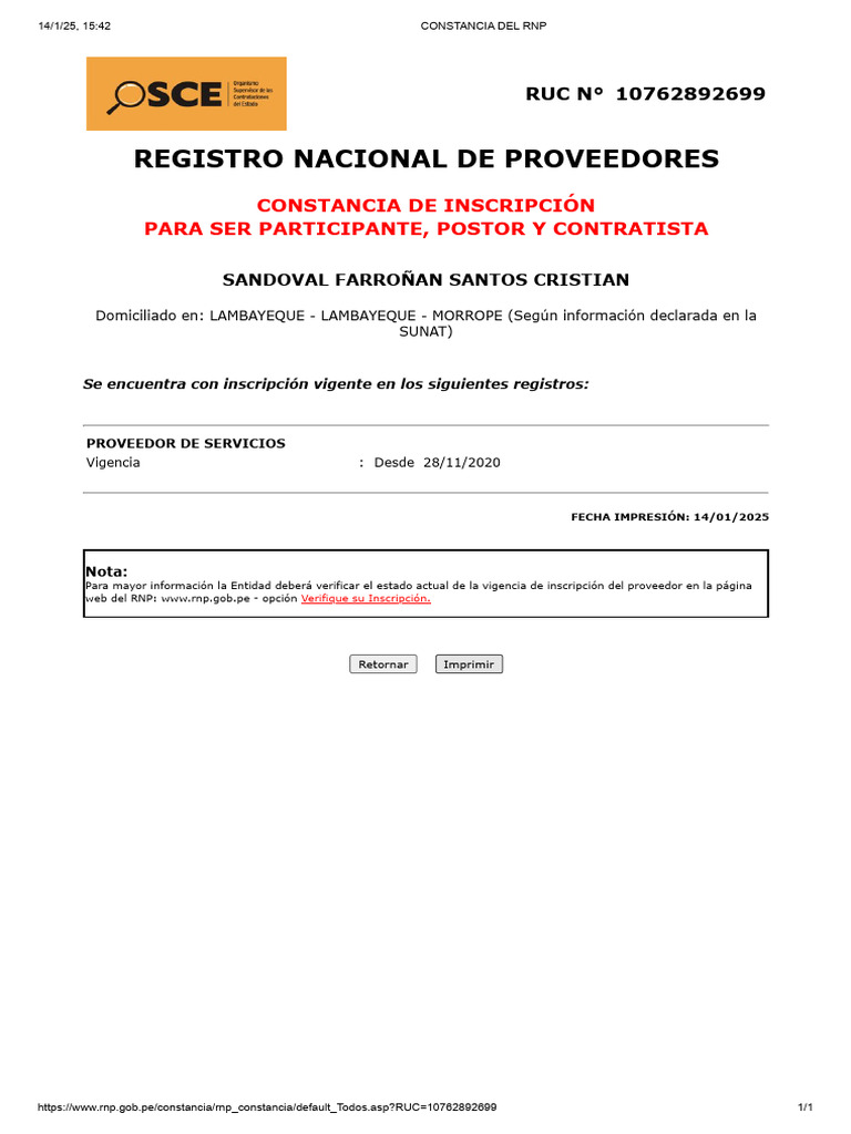 Constancia Del RNP Cristian Sandoval | PDF