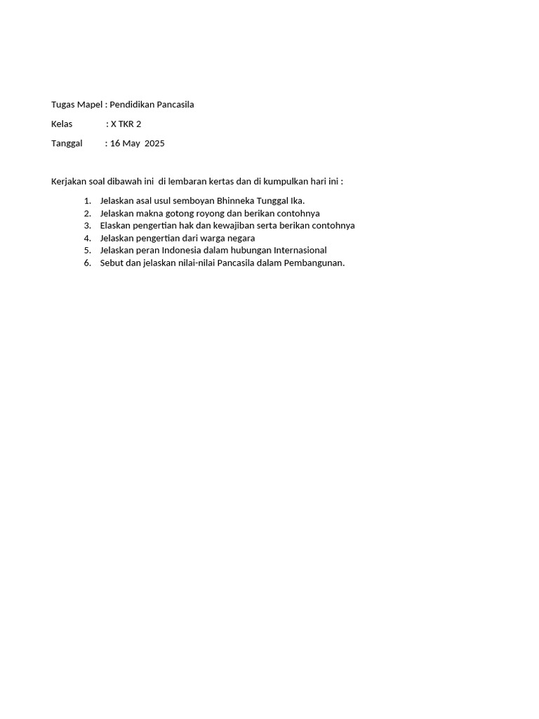 Tugas Mapel Pendidikan Kelas X TKR 2 TGL 16 May 2025 | PDF