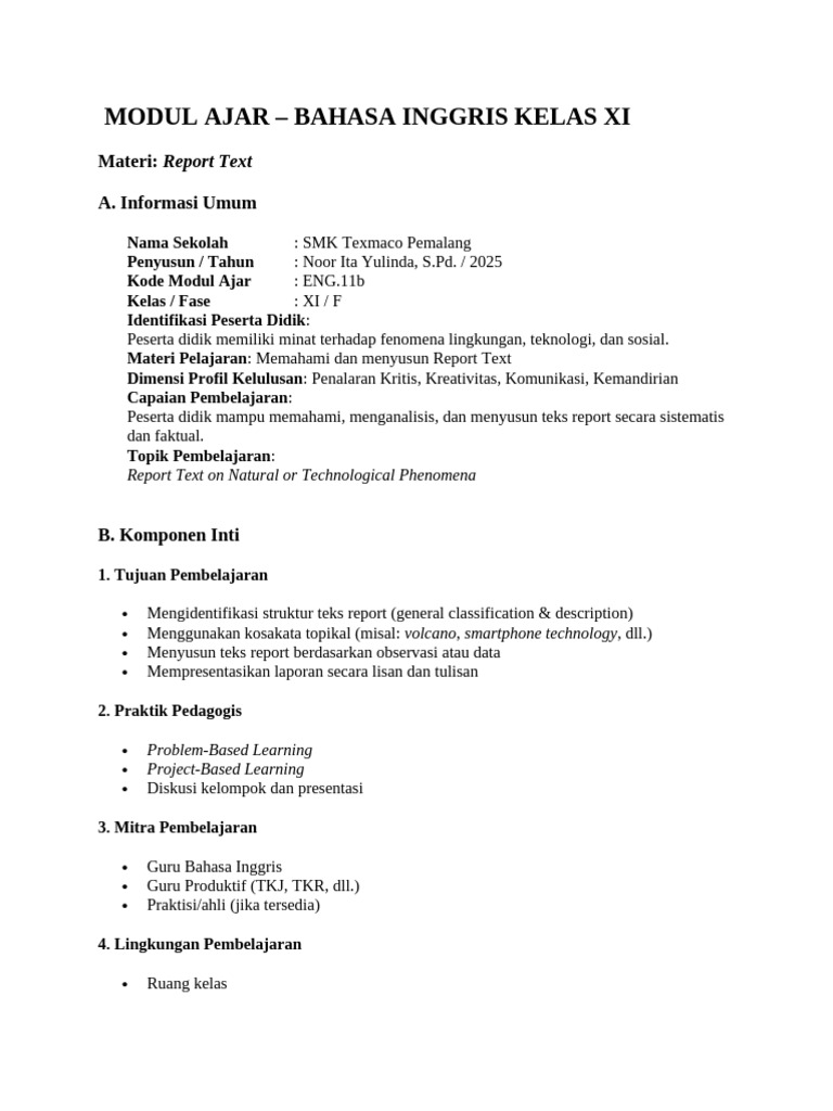 Modul Ajar Bahasa Inggris SMK Kelas XI - Report Text - Format Kurikulum Merdeka | PDF