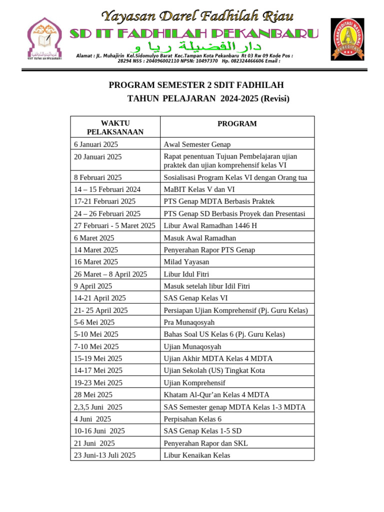 PROGRAM TAHUNAN SDIT FADHILAH 2024-2025 Revisi | PDF