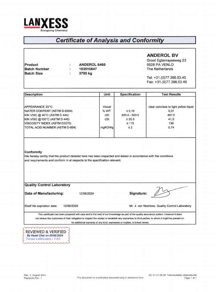COA Anderol 6460 - 103510847 | PDF