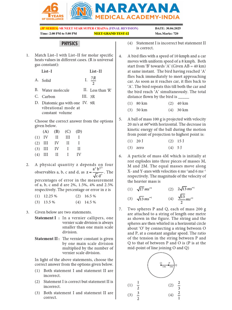 Neet Exam Question Practice With Paper and Answer Key | PDF | Velocity ...
