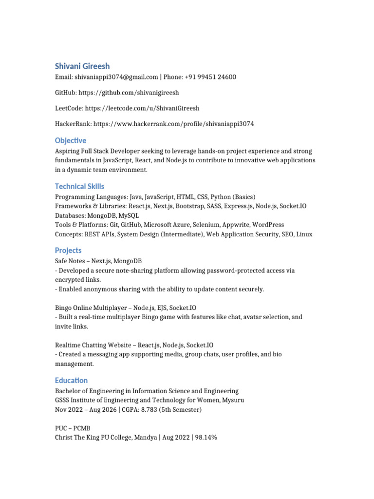 Shivani Gireesh ATS Resume | PDF