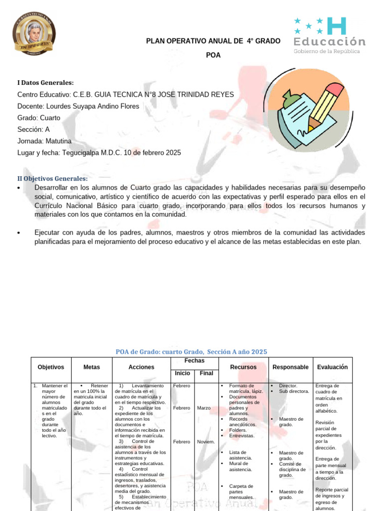 Plan Operativo Anual 4° Grado 2025 | PDF | Escuelas | Plan de estudios