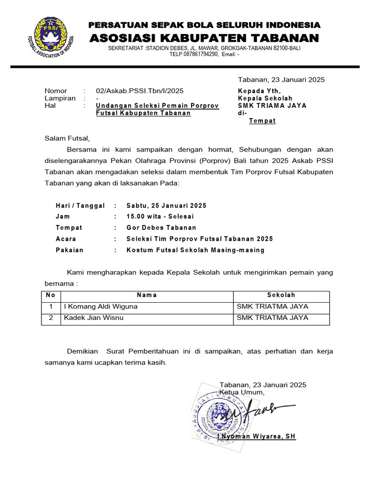 Surat Pemanggilan Pemain SMK Triatma Jaya | PDF