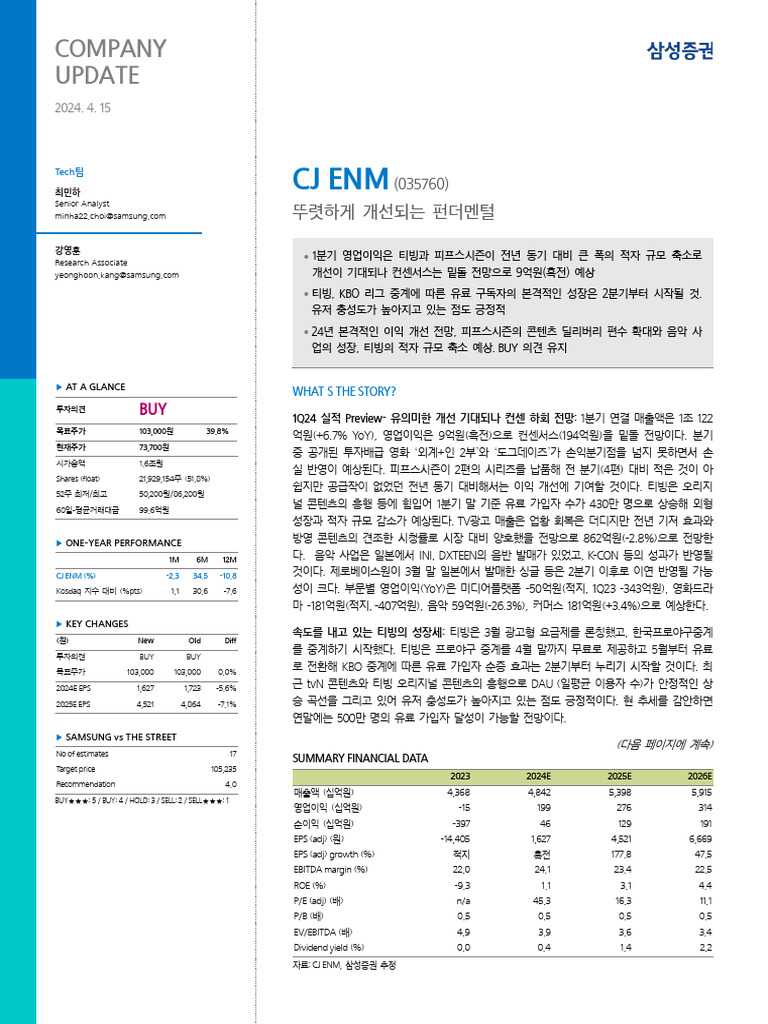 삼성증권 - CJ ENM - 20240415082121 | PDF