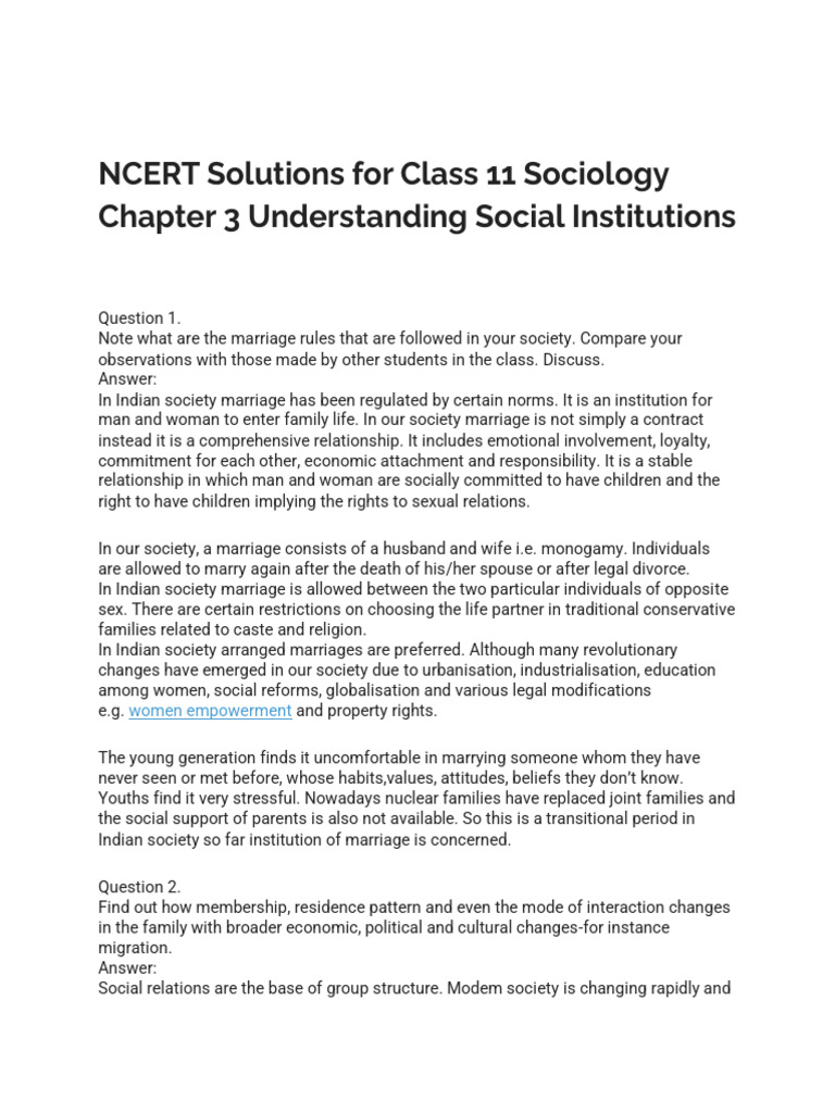 Sociology Class 11th, Understanding Social Institutions Solved NCERT ...