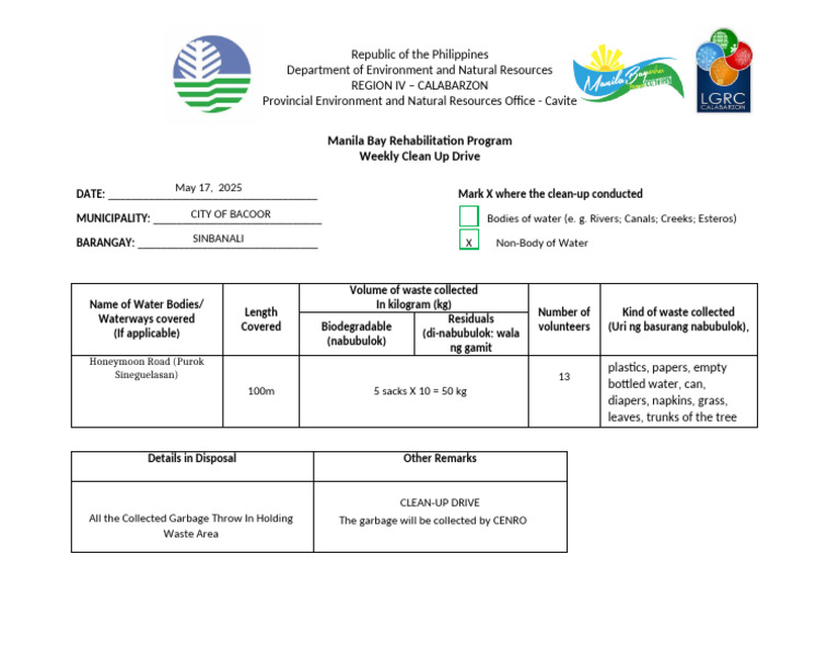 Cenro Form For Clean Up Drive | PDF | Environment | Materials