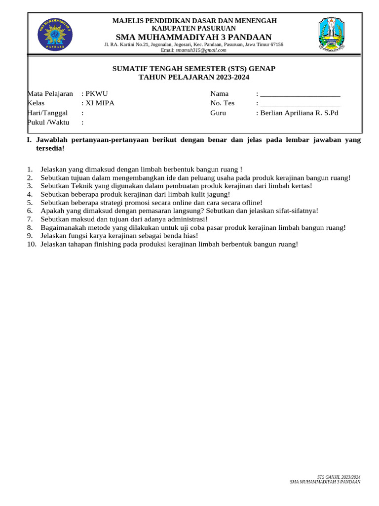 Soal STS Kelas 11 Pkwu Fix | PDF