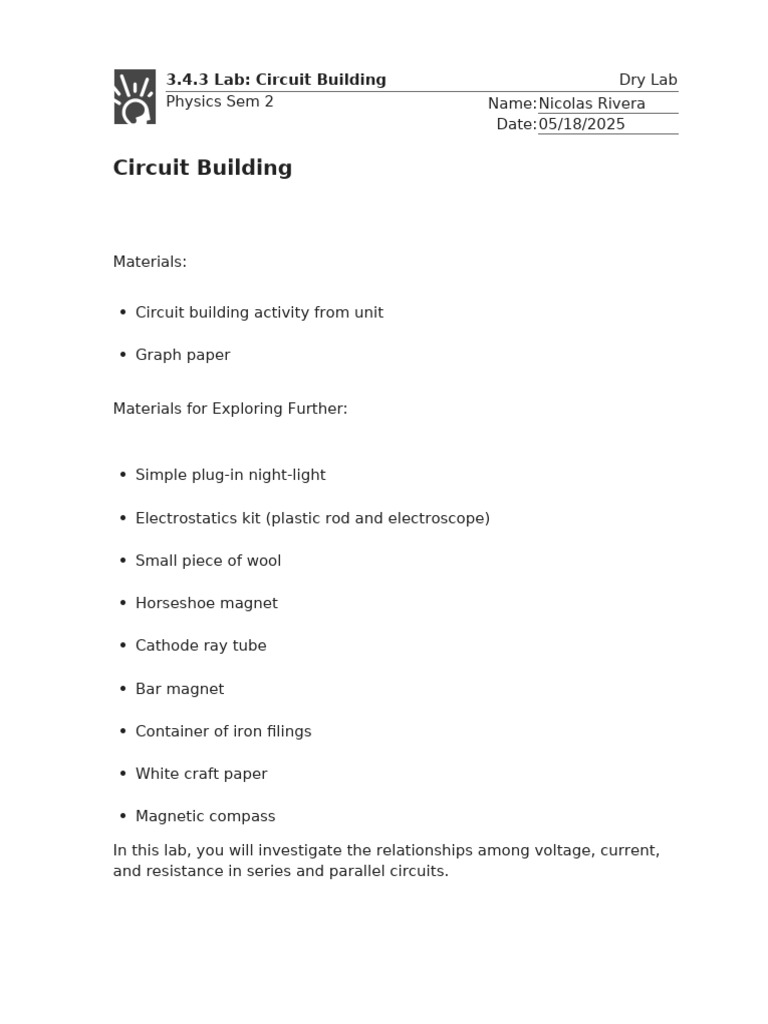 Grade 10 Circuit Building Lab Guide | PDF | Series And Parallel ...