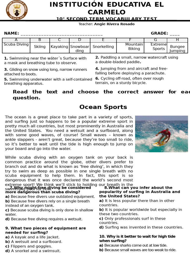 10° Sports Vocabulary Test | PDF | Scuba Diving | Underwater Diving