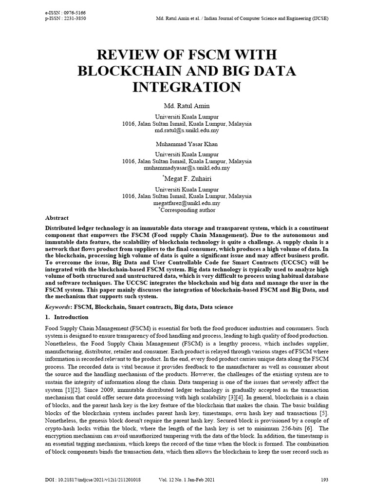 Md. Ratul Amin, Mmuhammad Yasar Khan, Megat F. Zuhairi - 2021 - Review of FSCM With Blockchain ...