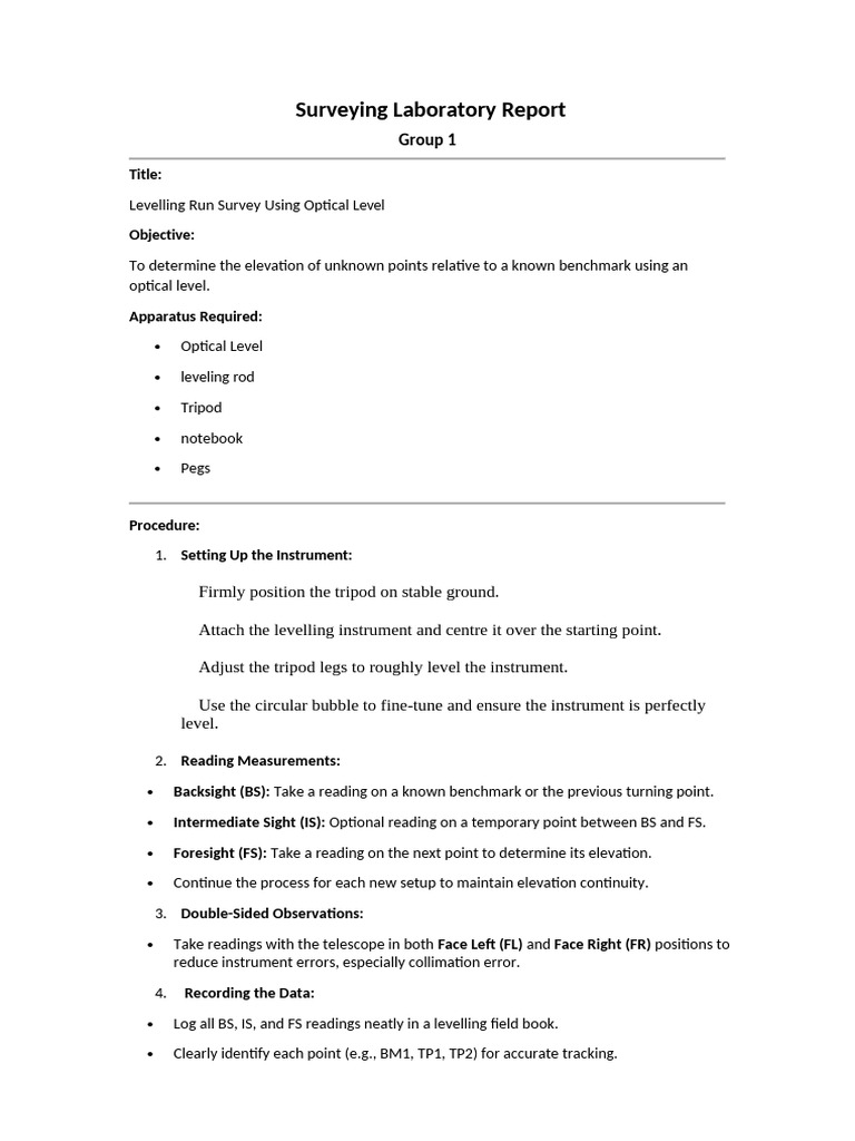 Surveying Laboratory Report Template- Levelling Run Using an Optical ...