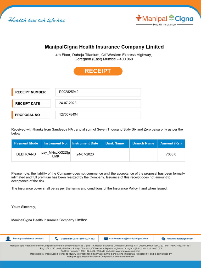 ManipalCigna Policy Receipt Download | PDF