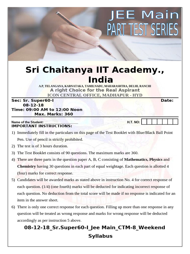 08 12 18 - Jee Main - CTM 8 - QP | PDF | Mass | Physics