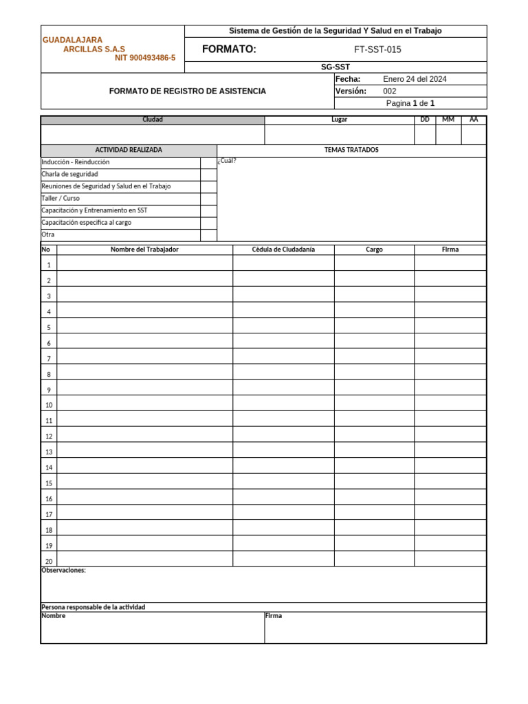 FT-SST-015 Formato de Registro de Asistencia A Capacitaciones | PDF