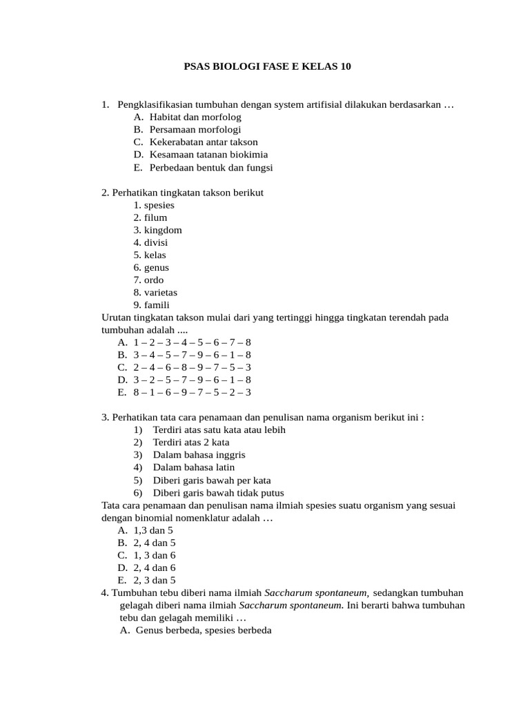 Psas Biologi Fase e Kelas 10 | PDF