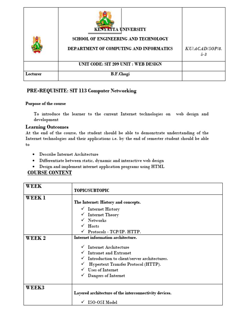 Web Design Sit 209-COURSE OUTLINE | PDF | World Wide Web | Internet & Web