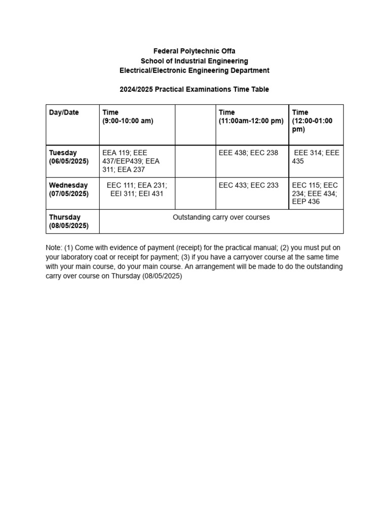First Semester 2024-2025 Practical Examinations Time Table | PDF