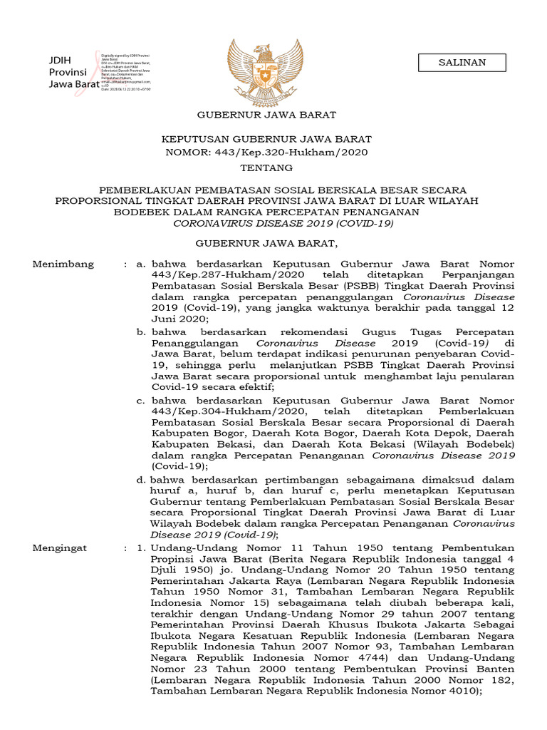 Kepgub - 443 2020 PEMBERLAKUAN PEMBATASAN SOSIAL BERSKALA BESAR SECARA ...